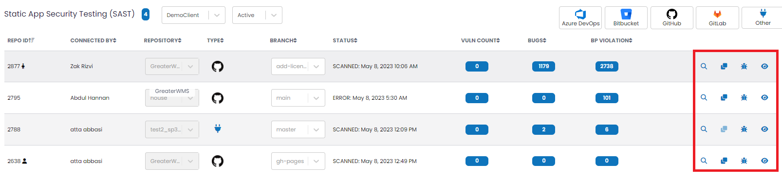 SAST Supported Actions - SP360